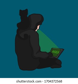 Hacker Using Laptop Black Cat Friend Stock Vector (Royalty Free ...
