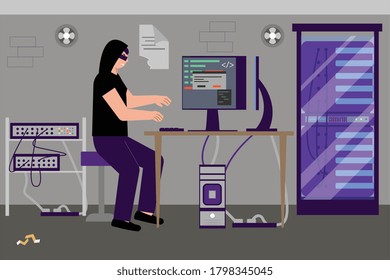Hacking Flat Composition Indoor Scenery Character Stock Vector (Royalty ...