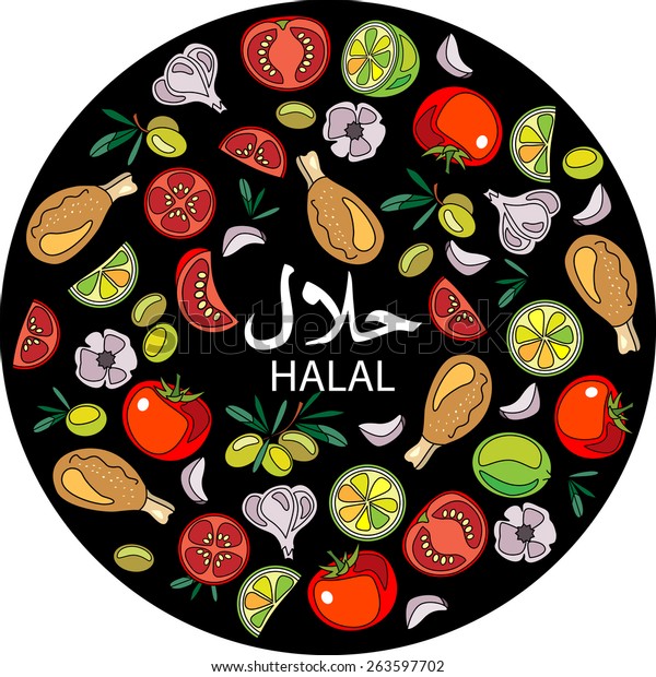 Halal product. Chicken legs with vegetables. Muslin food. Halal Label ...