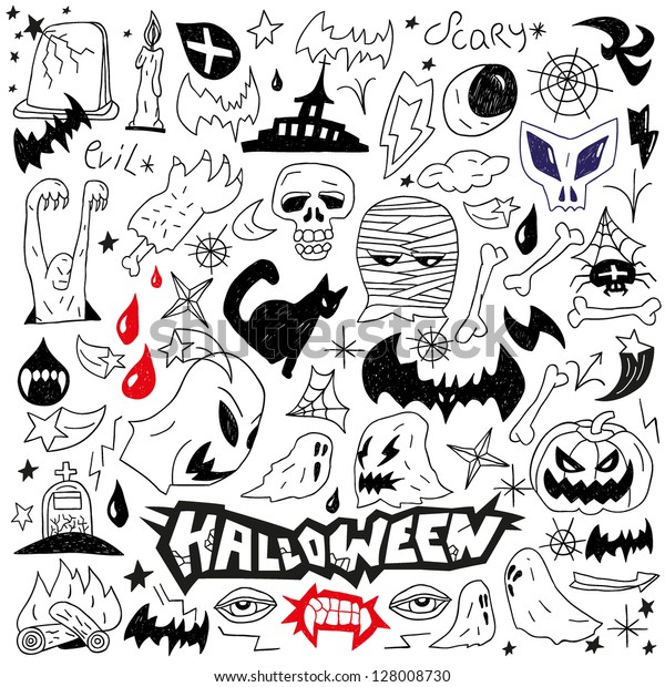 Halloween Evil Monsters Doodles Set Stock Vector (Royalty Free) 128008730