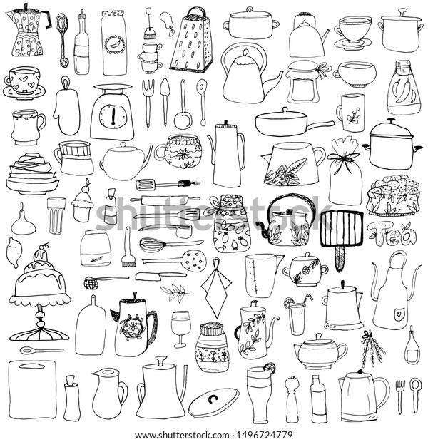 Hand Draw Set Kitchen Utensils Cooking Stock Vector (Royalty Free ...