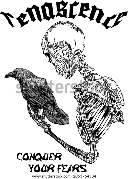 Hand Draw Skeleton Raven Slogan Vector Stock Vector (Royalty Free ...