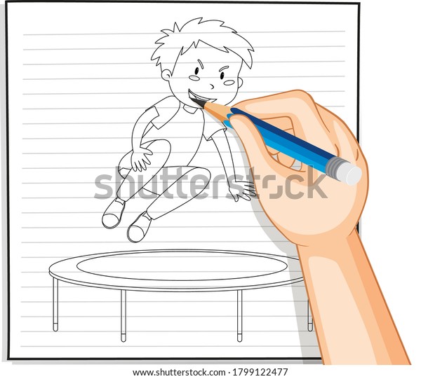 Hand Drawing Boy Jumping On Trampoline Stock-vektor (royaltyfri ...