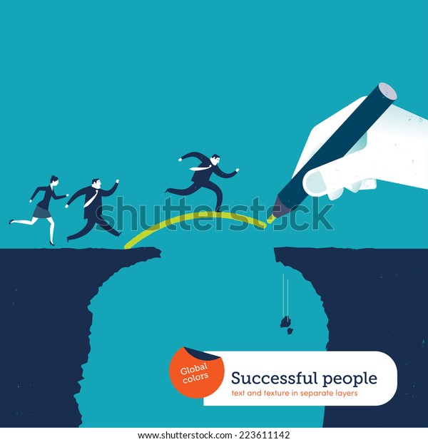 Hand Drawing Bridge Over Abyss Businesspeople Stock Vector (Royalty ...