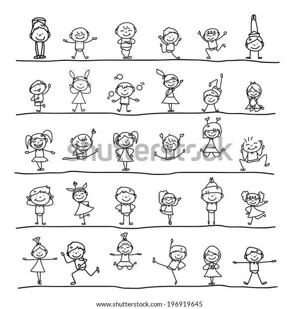 hand drawing cartoon character happy kids playing