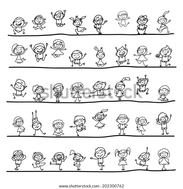Hand Drawing Cartoon Character Happy Kids Stock Vector (Royalty Free ...