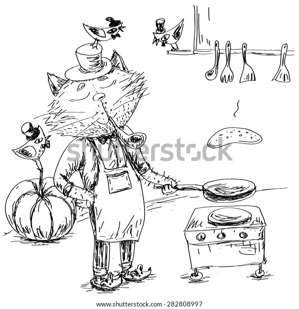 Hand Drawing Cat Birds Cooking Food Stock Vector (Royalty Free ...