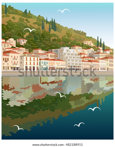 Hand Drawing Colored Mediterranean Seaside City Stock Vector (Royalty ...