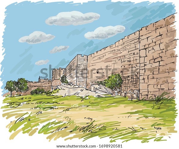 Hand Drawing Jerusalem Old City Wall Stock Vector (Royalty Free ...