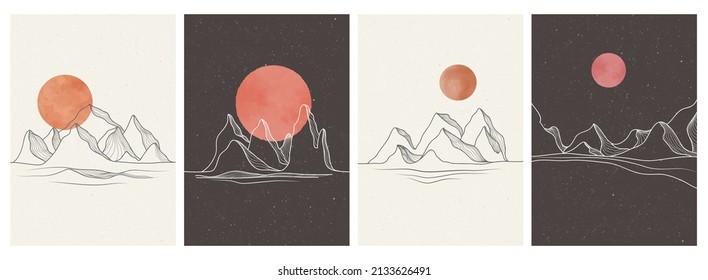 Hand Drawing Mountain Sunset Line Art Stock Vector (Royalty Free ...