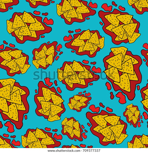Hand drawing nachos doodle seamless vector pattern