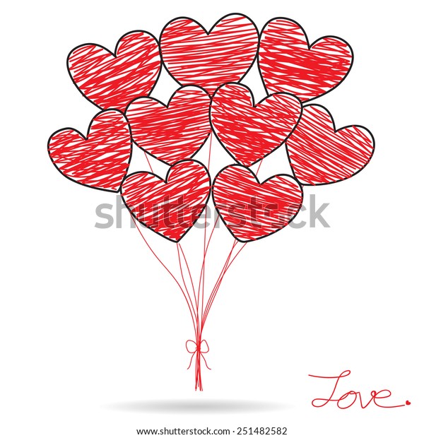 Hand Drawing Red Heart Balloons On Stock Vector (Royalty Free ...