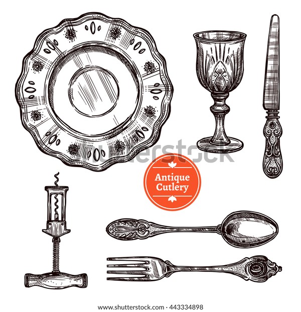 Hand Drawn Antique Silver Cutlery Set Stock Vector (Royalty Free ...
