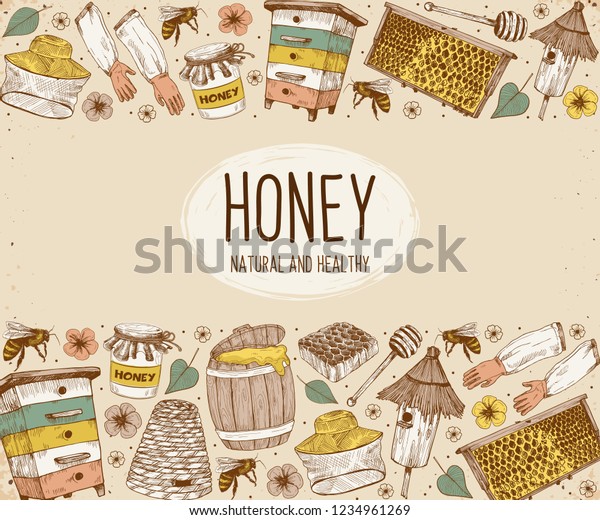 Hand Drawn Apiary Objects Arranged Horizontal Stock Vector (Royalty ...