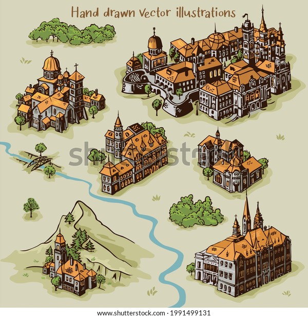 Hand Drawn Art Settlements Cartography Map Stock Vector (Royalty Free ...