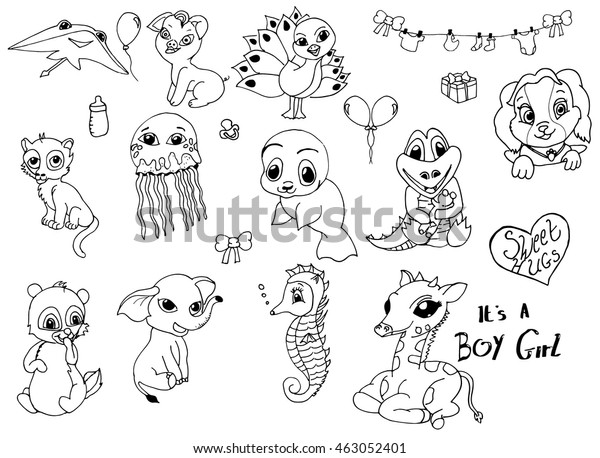 Hand Drawn Baby Animals Stock Vector (Royalty Free) 463052401