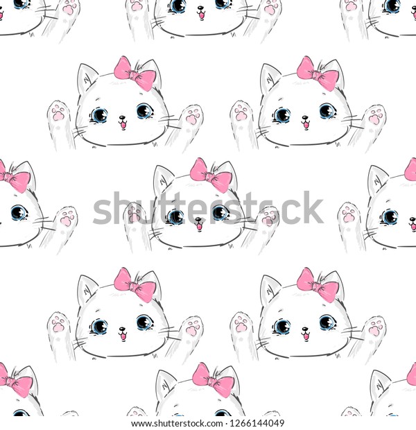 Hand Drawn Background Cute Cat Bow Stock Vector (Royalty Free ...