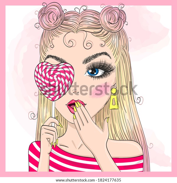Hand Drawn Beautiful Cute Candy Girl Stock Vector (Royalty Free ...