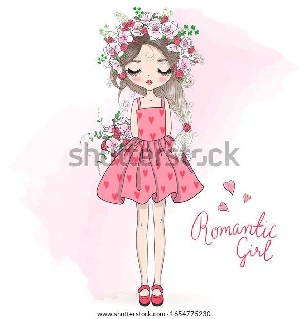 Hand Drawn Beautiful Cute Spring Girl Stock Vector (Royalty Free ...