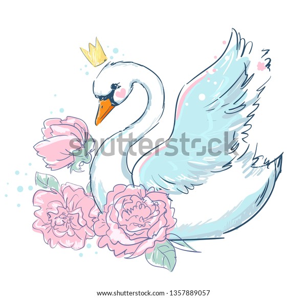 Hand Drawn Beautiful Swan Crown Flowers Stock Vector (Royalty Free ...