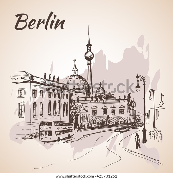 Calle Hand dibuja Berlín con autobuses y la Torre de la TV de Berlín