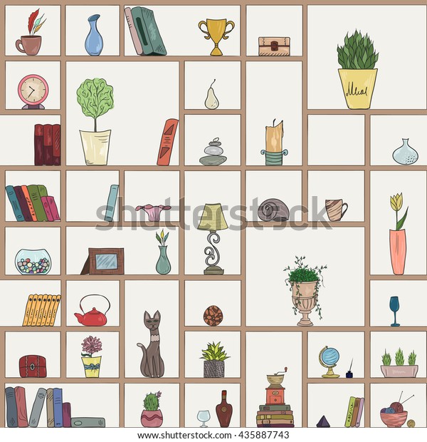 Hand Drawn Book Shelves Seamless Pattern Stock Vector (Royalty Free ...