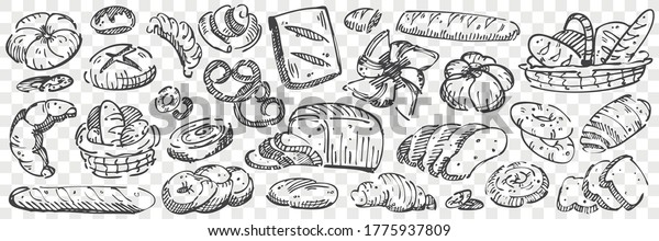 Hand drawn bread doodle set. Collection of pencil chalk drawing ...