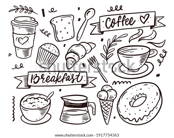 Hand Drawn Breakfast Doodle Set Elements Stock Vector (Royalty Free ...