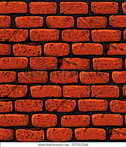 Hand drawn brick wall seamless pattern. Red bricks old cartoon wall.