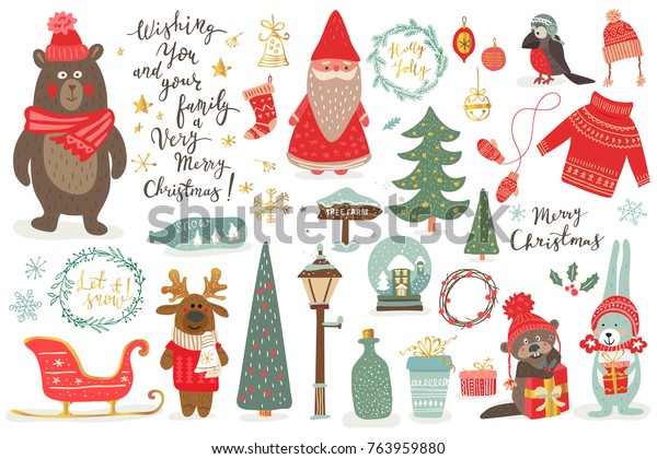 Hand Drawn Christmas Set Cartoon Style Stock Vector (Royalty Free ...