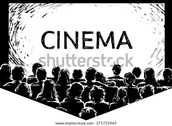 Hand drawn cinema screen with audience in the screen light. Perfect for ...