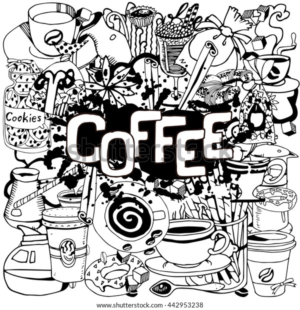 Hand Drawn Coffee Collage Stock Vector (Royalty Free) 442953238