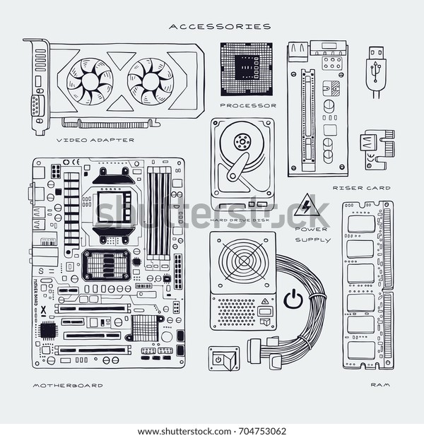 piezas de ordenador dibujadas a mano,: vector de stock (libre de ...