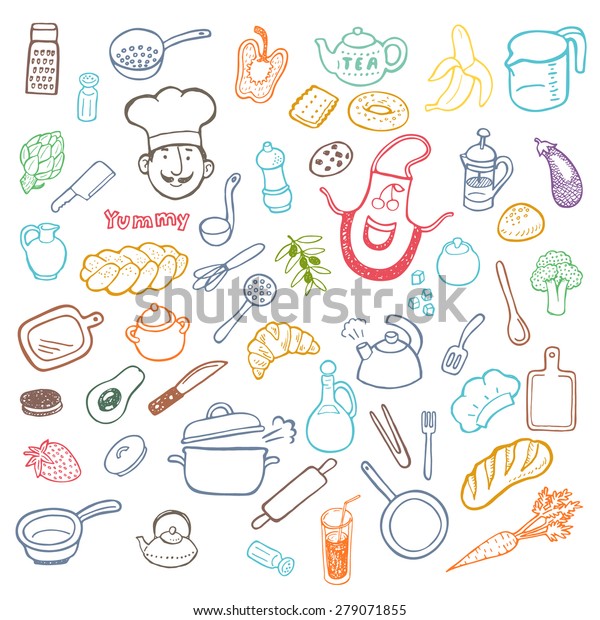 Hand Drawn Cooking Kitchen Doodle Set Stock Vector (Royalty Free ...