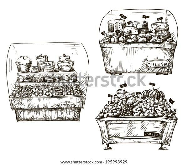 Hand Drawn Counters Bakery Fruit Vegetables Stock Vector (Royalty Free ...