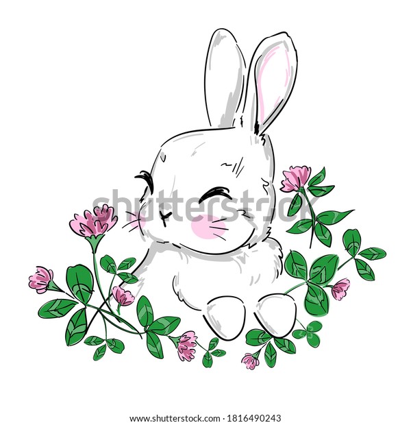 Hand Drawn Cute Bunny Clover Isolated: стоковая векторная графика (без ...