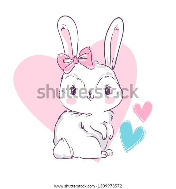 Hand Drawn Cute Bunny and heart, print design rabbit, children print on ...