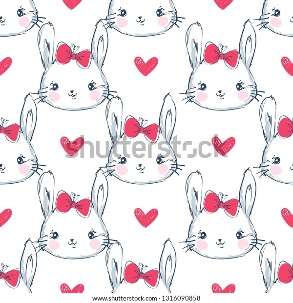 Hand Drawn Cute Bunny Heart Pattern Stock Vector (Royalty Free) 1316090858