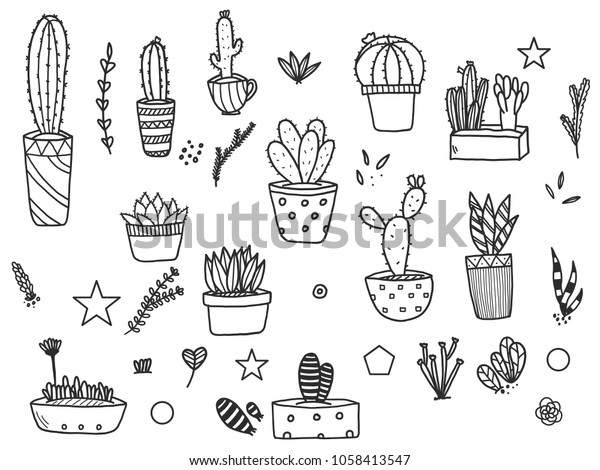 Hand Drawn Cute Cactus Doodle Set Stock Vector (Royalty Free) 1058413547