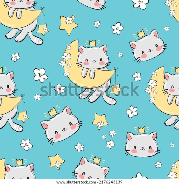 Hand Drawn Cute Cat Moon Flowers Stock Vector (Royalty Free) 2176243139 ...