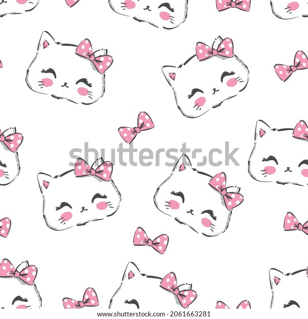 Hand Drawn Cute Cat Pink Bow Stock Vector (Royalty Free) 2061663281 ...