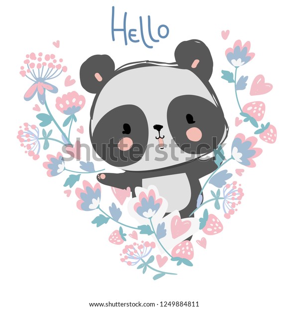 Hand drawn cute panda with flowers. Vector illustration. Design print.