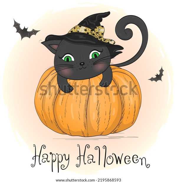 Hand Drawn Cute Pumpkin Head Cat Stock Vector (Royalty Free) 2195868593 ...