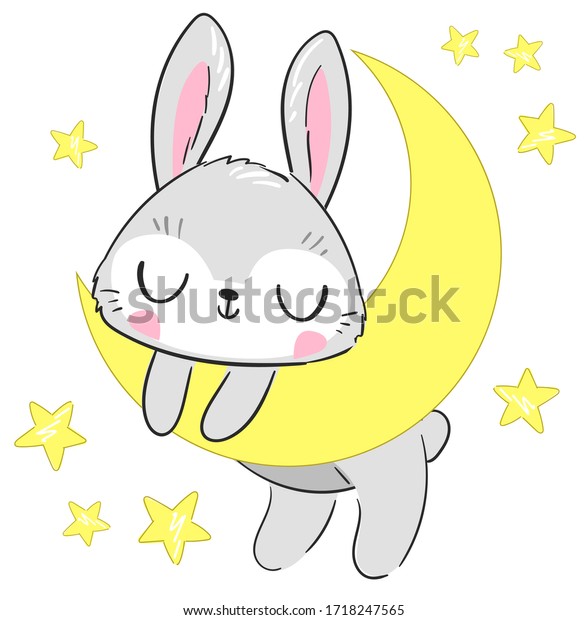 Hand Drawn Cute Rabbit On Moon Stock Vector (Royalty Free) 1718247565 ...