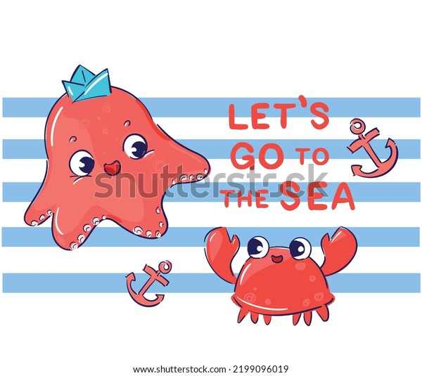 Hand Drawn Cute Sea Cartoon Character Stock Vector (Royalty Free ...