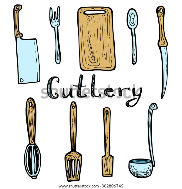 Hand Drawn Cutlery Doodle Set Hand Stock Vector (Royalty Free ...