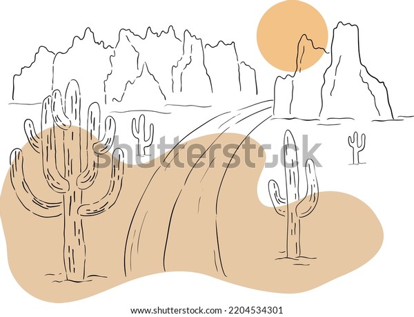 Hand Drawn Desert Landscape Minimal Line Stock Vector (Royalty Free ...