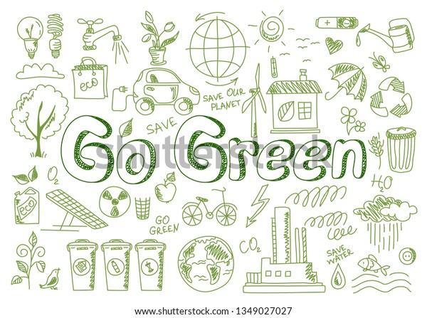 Hand drawn design vector illustration, set of go green icons, in doodle ...