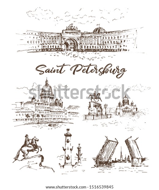 Hand Drawn Different Landmarks Saint Petersburg Stock Vector (Royalty ...