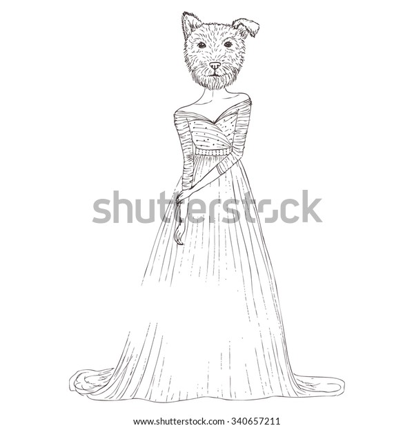 Hand Drawn Dog Dressed Evening Dress Stock Vector (Royalty Free ...